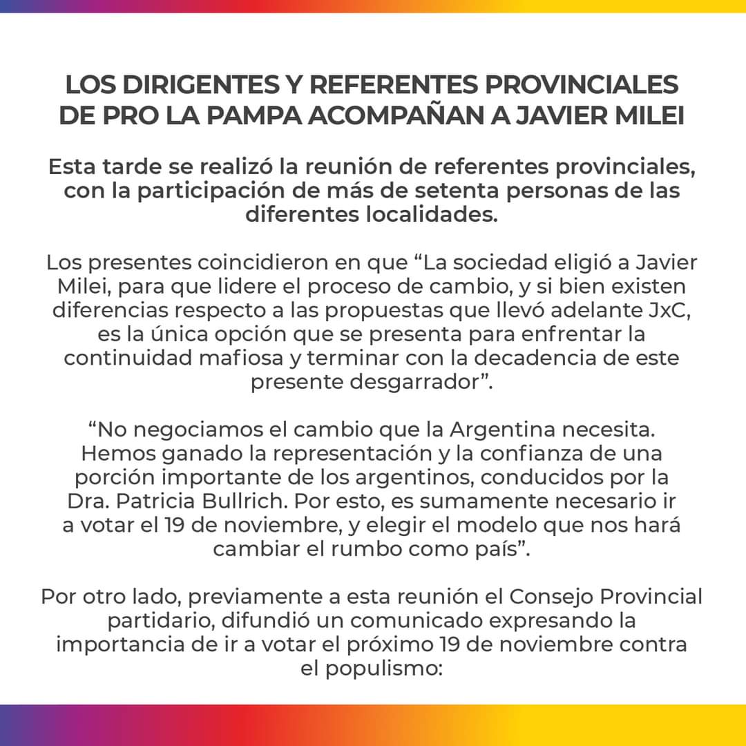 El PRO La Pampa emitió un comunicado en apoyo a la candidatura de Milei ...